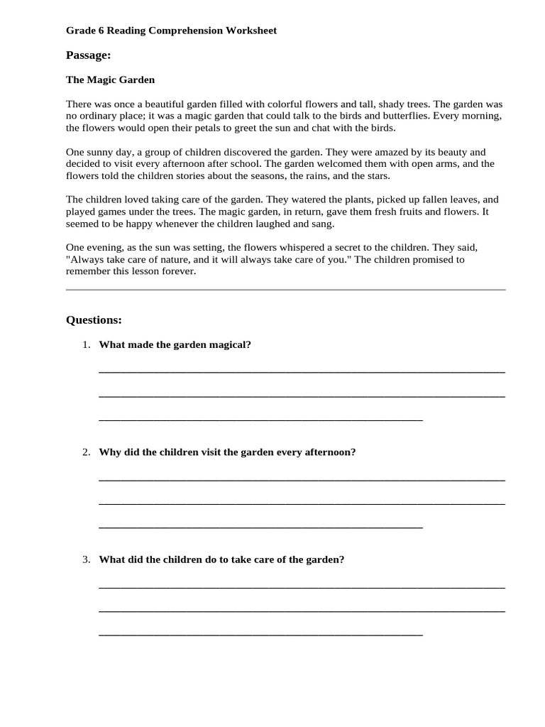 Grade 6 Reading Comprehension Worksheet | PDF | Gardens | Flowers