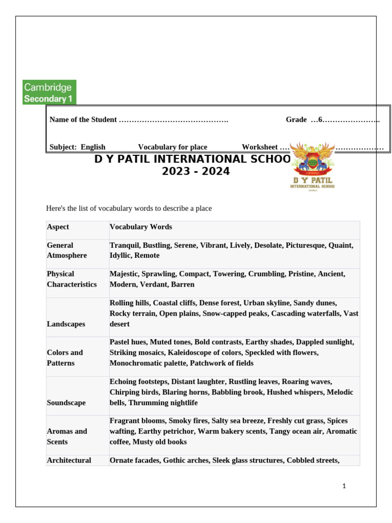 Vocabulary Words For Place 1 | PDF