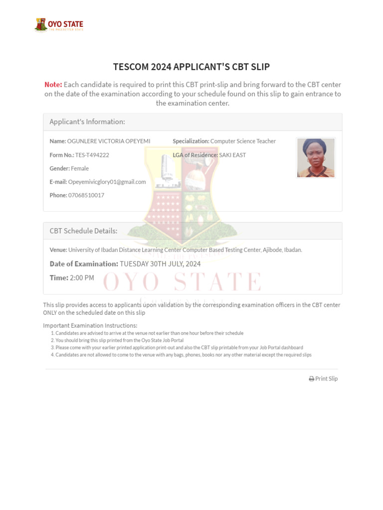 Applicant's CBT Slip - Oyo State Job Portal | PDF