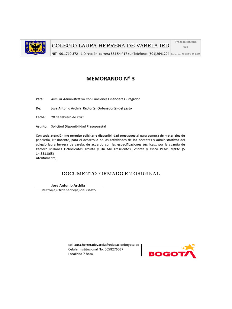 Memorando #3: Colegio Laura Herrera de Varela Ied | PDF | Presupuesto