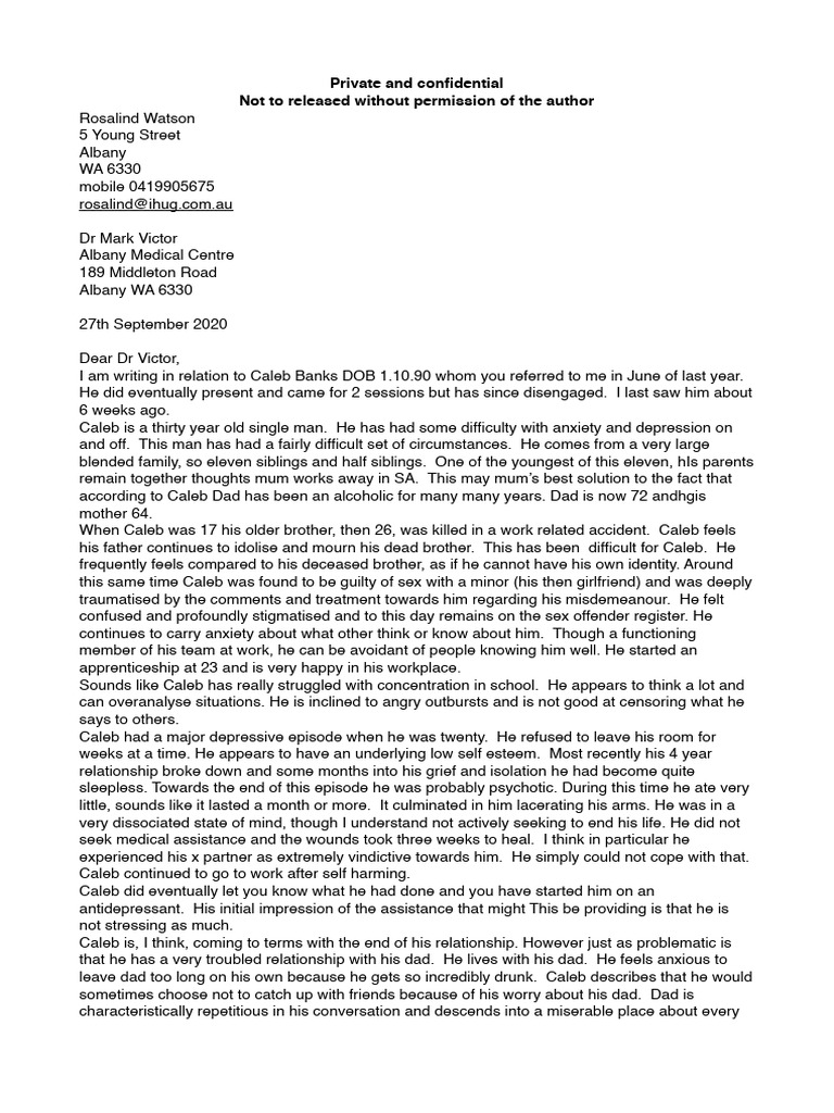 Banks - Caleb Letter To GP Jan 21 | PDF | Anxiety | Grief