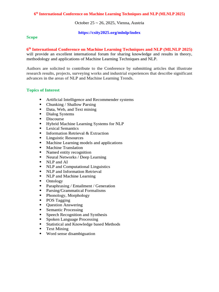 CFP: 6th International Conference On Machine Learning Techniques and NLP (MLNLP 2025) | PDF ...