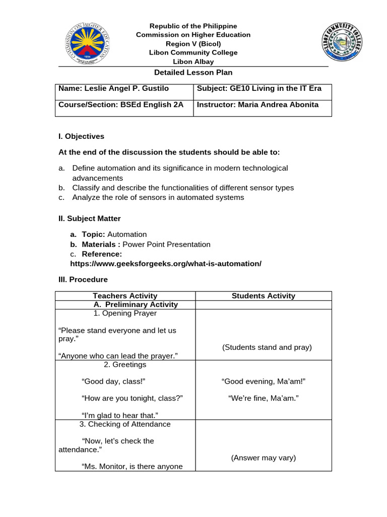 Detailed Lesson Plan - IT - ERA | PDF | Sensor | Equipment