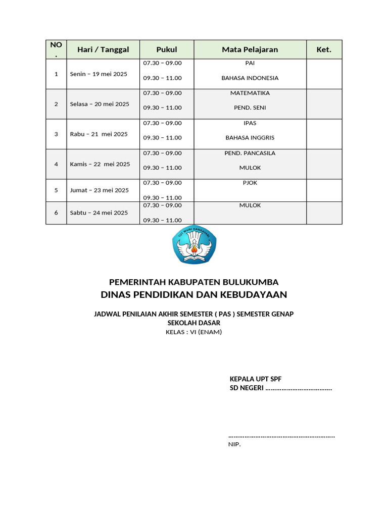 Jadwal Pas Kelas Vi 2024-2025 | PDF