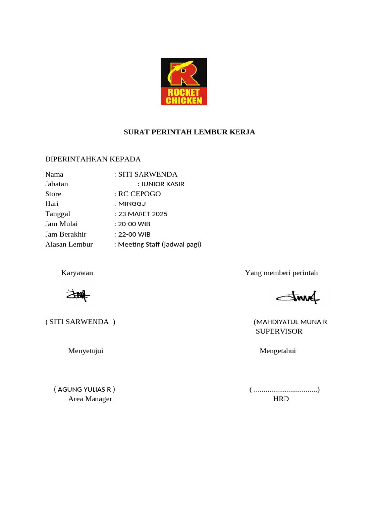 Surat Perintah Lembur Siti Sarwenda | PDF