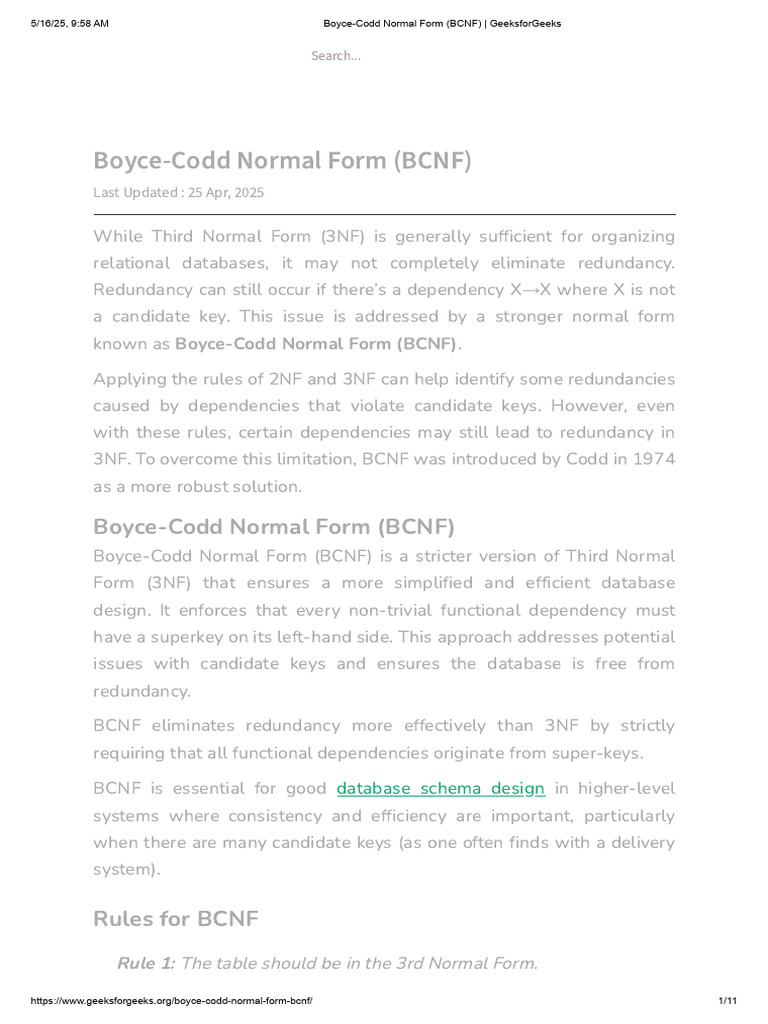 Boyce-Codd Normal Form (BCNF) - GeeksforGeeks | PDF | Computing | Databases