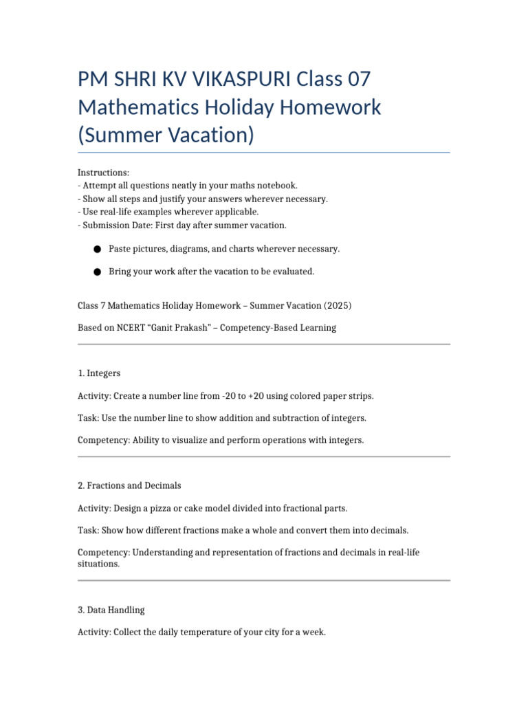 Class 07 Maths Holiday Homework | PDF | Numbers | Mathematics