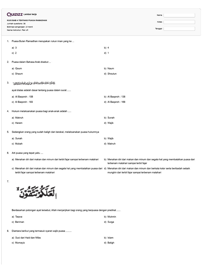 KUIS BAB 4 TENTANG PUASA RAMADHAN _ Quizizz | PDF