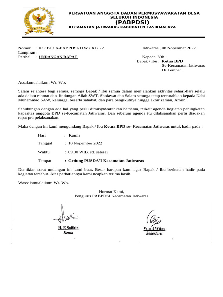 Undangan Rapat Peningkatan Kapasitas BPD | PDF