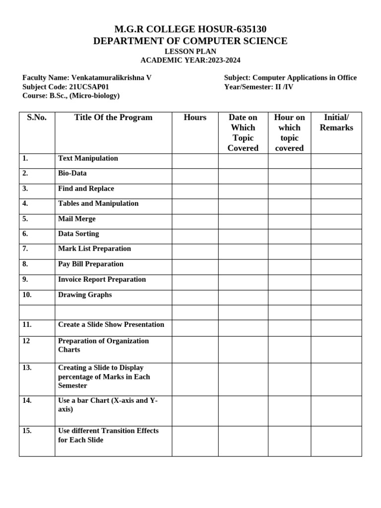 Computer Applications Lesson Plan 2023 | PDF
