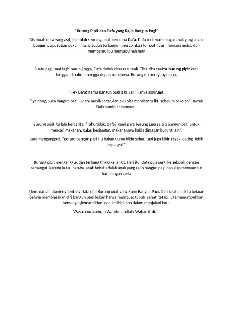 Burung Pipit Dan Dafa Yang Rajin Bangun Pagi | PDF