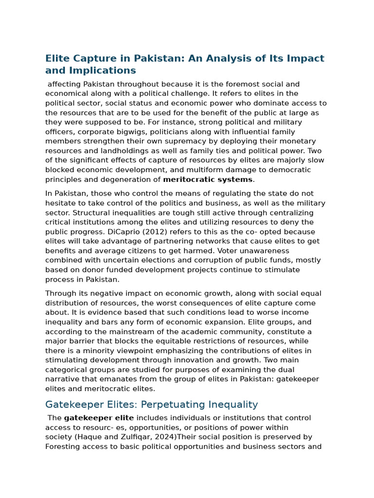 Elite Capture's Impact on Pakistan | PDF | Meritocracy | Economies