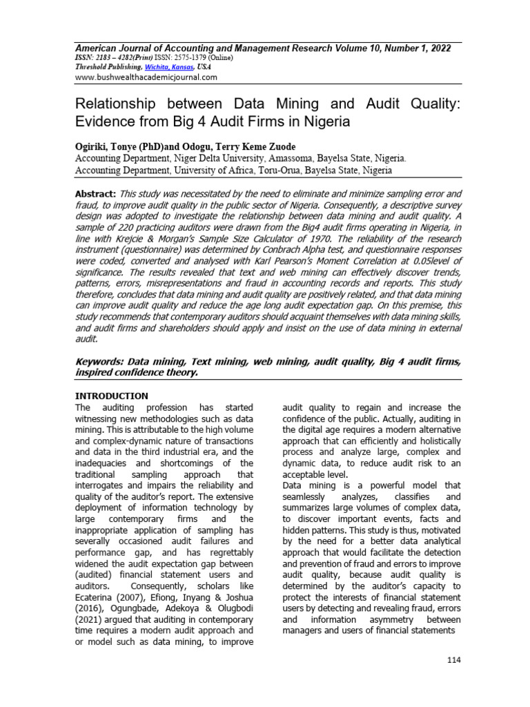 Relationship Between Data Mining and Audit Quality Evidence From Big 4 Audit Firms in Nigeria ...