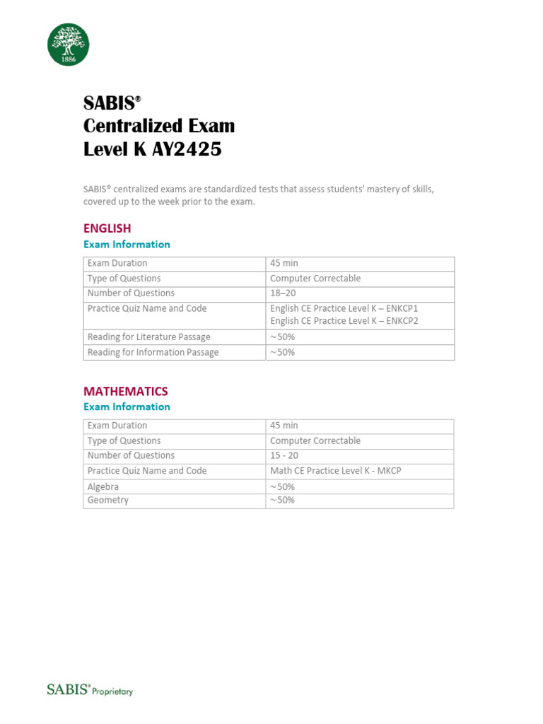 SABIS Centralized Exam Summary Level K | PDF