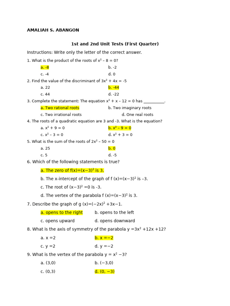 Math9 50 Items Questionnaire | PDF | Quadratic Equation | Algebra