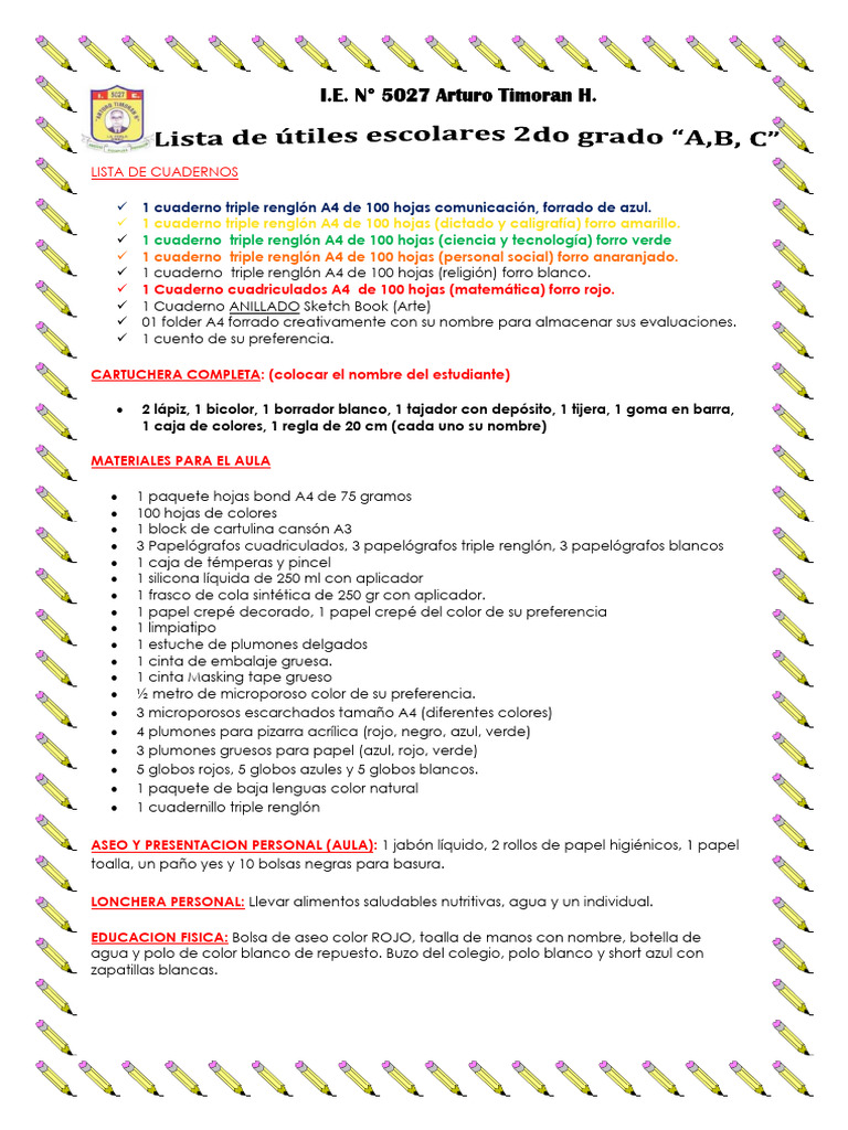 Lista de Útiles Escolares Arturo Timoran 2025 2DO GRADO | PDF