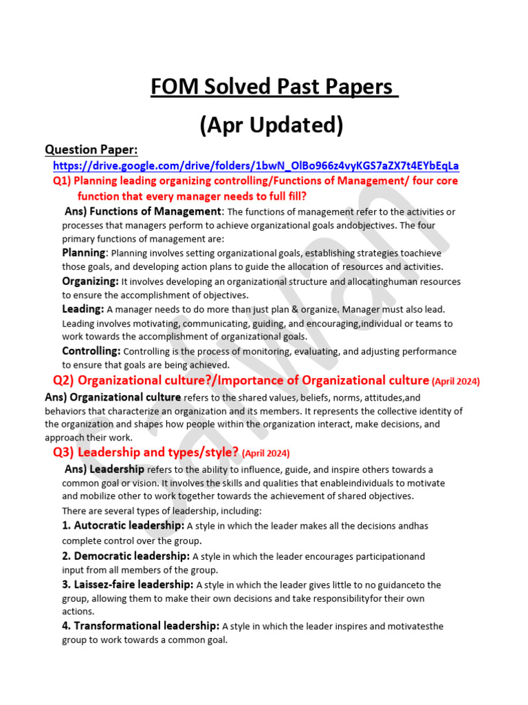 FOM SOLVED Past Papers-Apr Updated | PDF | Leadership | Occupational ...