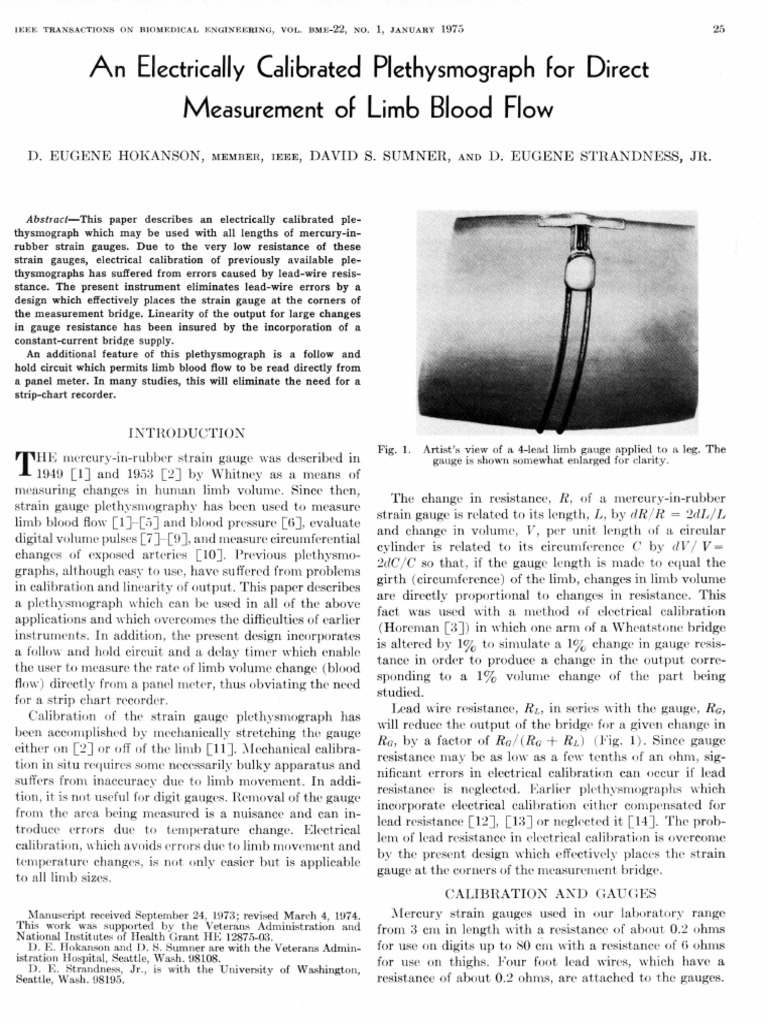 D Eugene Hokenson - An Electrically Callibrated Plethysmograph For Limb Blood Flow | PDF ...
