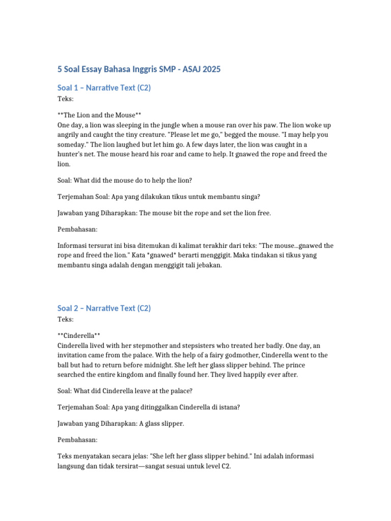 5 Soal Essay ASAJ 2025 SMP | PDF | Cinderella | Fairy Tales