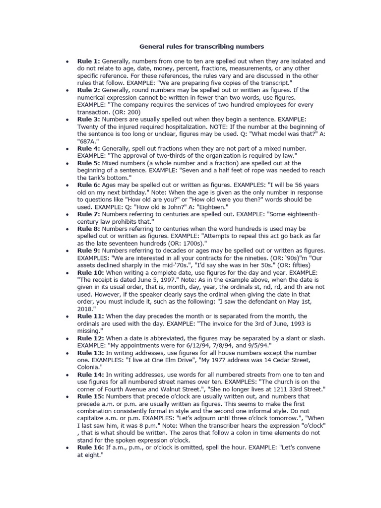 General Rules For Transcribing Numbers | PDF | Numbers | Percentage