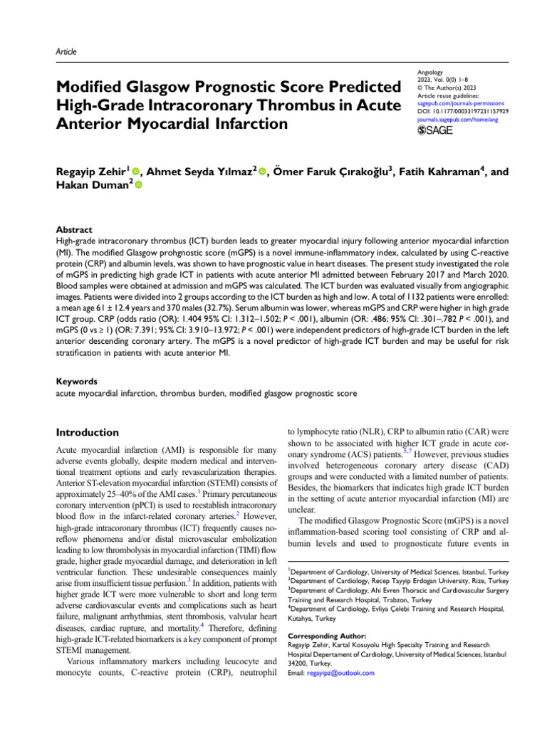 Modified Glasgow Prognostic Score Predicted High Grade Intracoronary ...