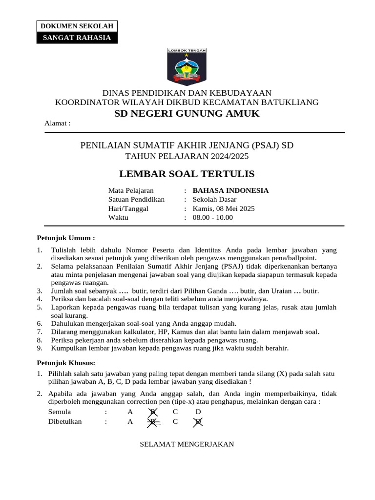 Soal Psaj Bahasa Indonesia | PDF