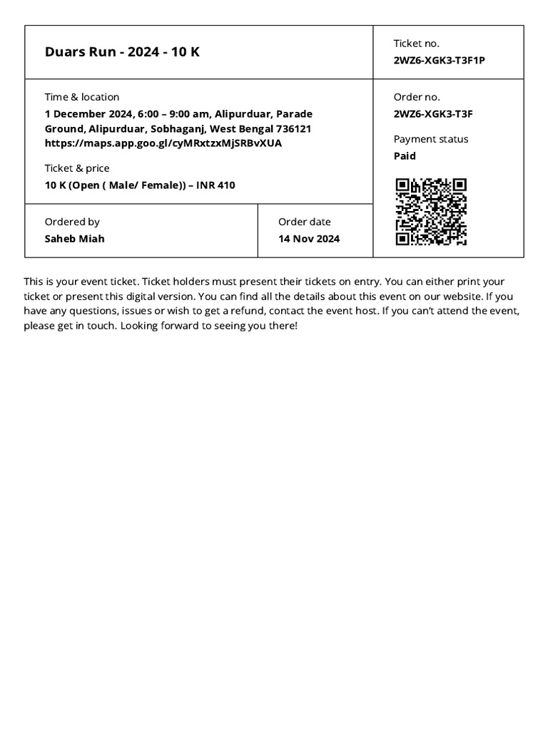 Duars Run 2024: 10K Event Ticket | PDF