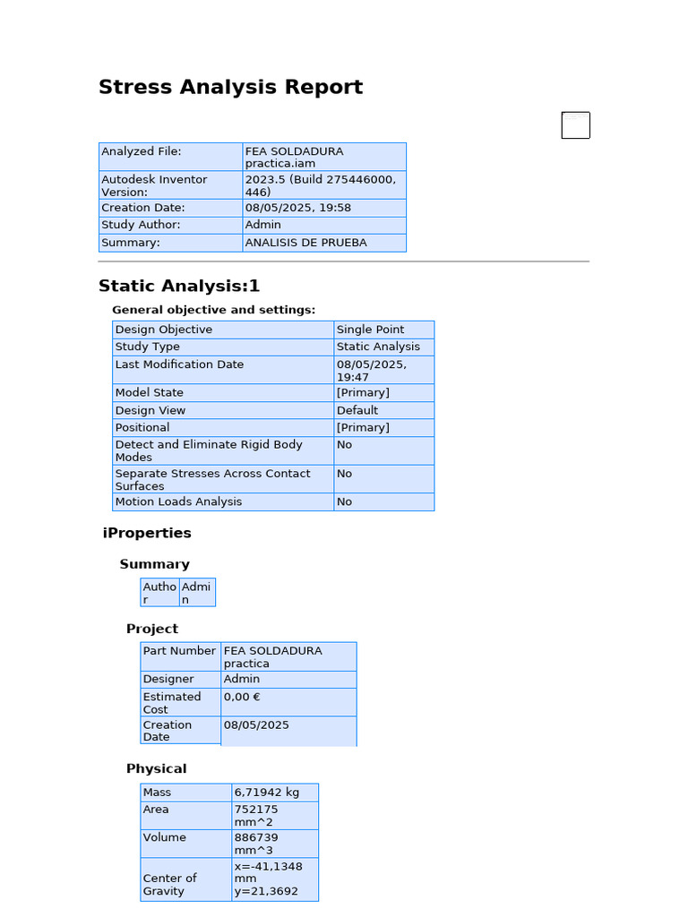 FEA SOLDADURA Practica - Iam Stress Analysis Report 08 - 05 - 2025 | PDF | Strength Of Materials ...