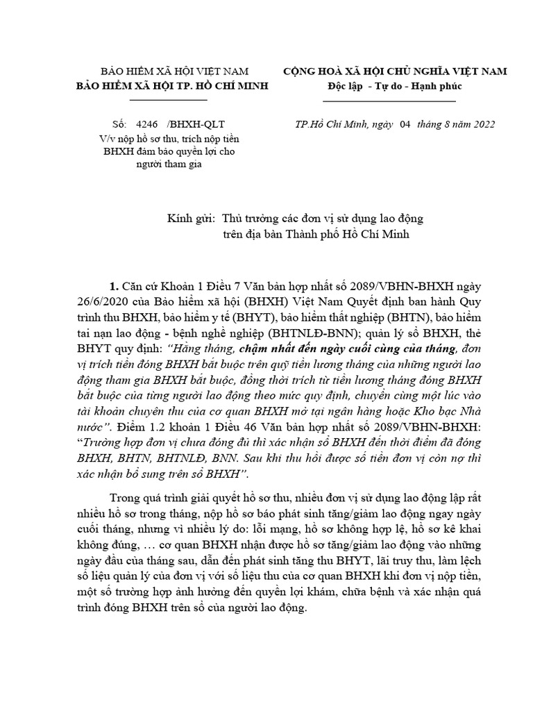 1. CV4246-BHXH TP QLT Nộp hồ sơ thu - trích nộp tiền BHXH hàng tháng 3-8-2022 | PDF