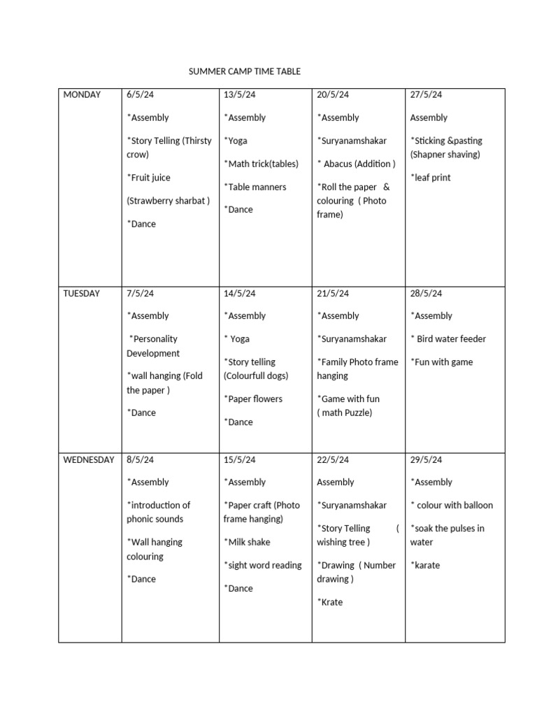 Summer - Camp - Time - Table 24-25-1 | PDF