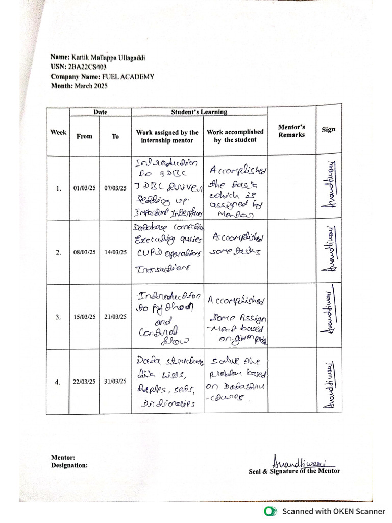 March and April Internship Diary | PDF