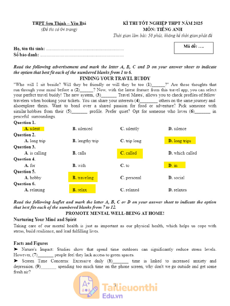 5. THPT Sơn Thịnh - Yên BáI (Tốt Nghiệp THPT 2025 Môn Tiếng Anh)-Stamped | PDF