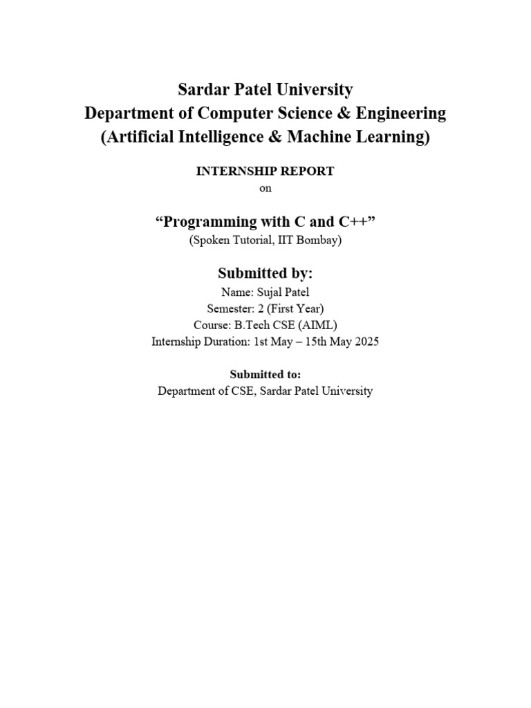 Sujal_Patel_Internship_Report (1) | PDF | C++ | Computer Programming