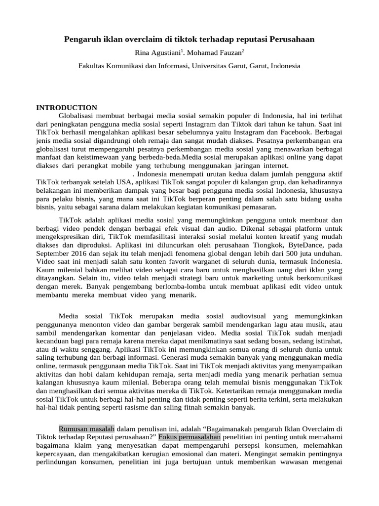 Pengaruh Iklan Overclaim Di Tiktok Terhadap Reputasi Perusahaan | PDF