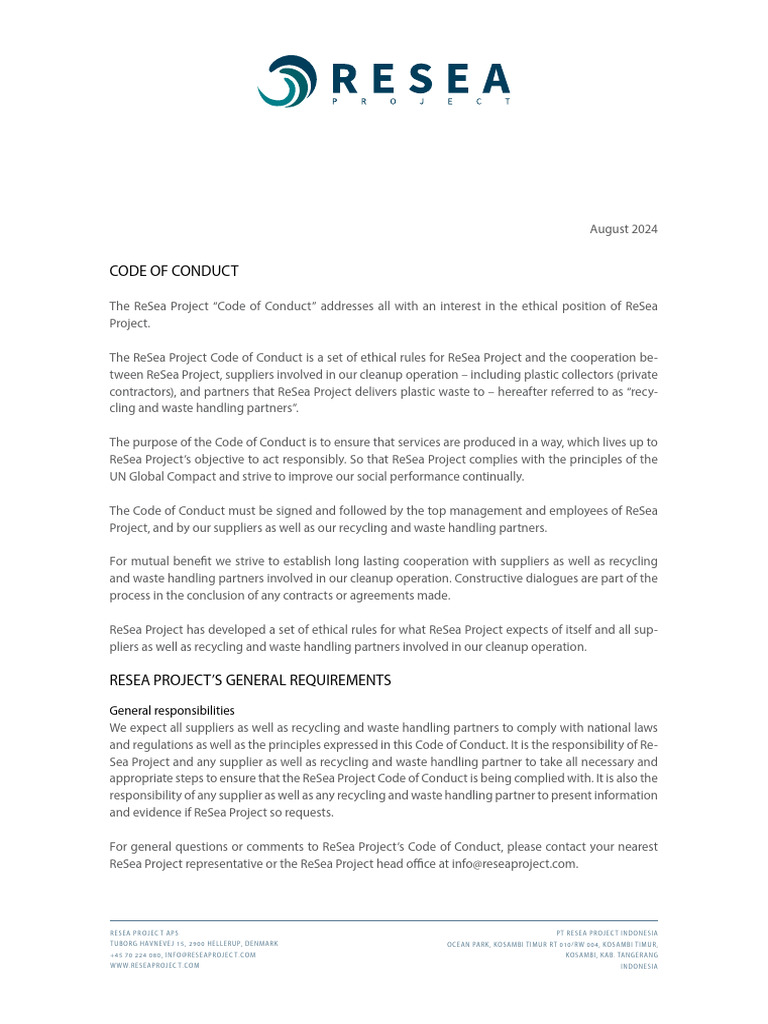 ReSea Project Code of Conduct Aug 2024 | PDF | Employment | Overtime