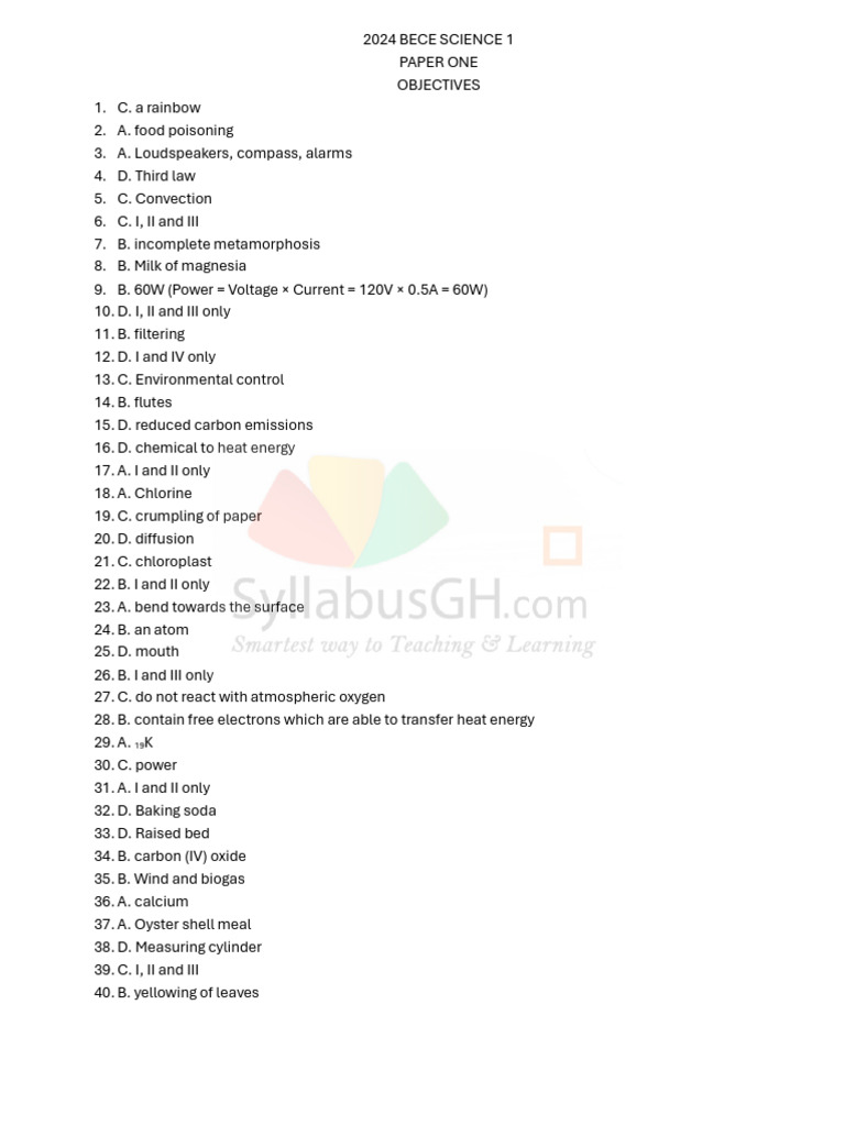 2024 Bece Science 1 Solution | PDF