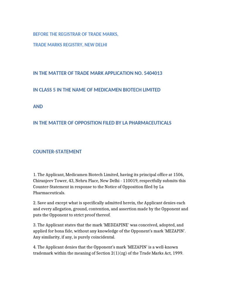 Counter-Statement for MEDZAPINE Trademark | PDF | Trademark | Common Law