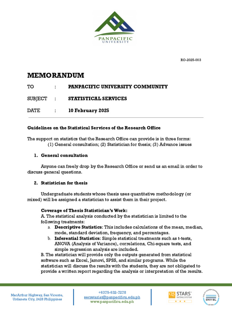MEMO On Stat Services | PDF | Statistics | Scientific Method