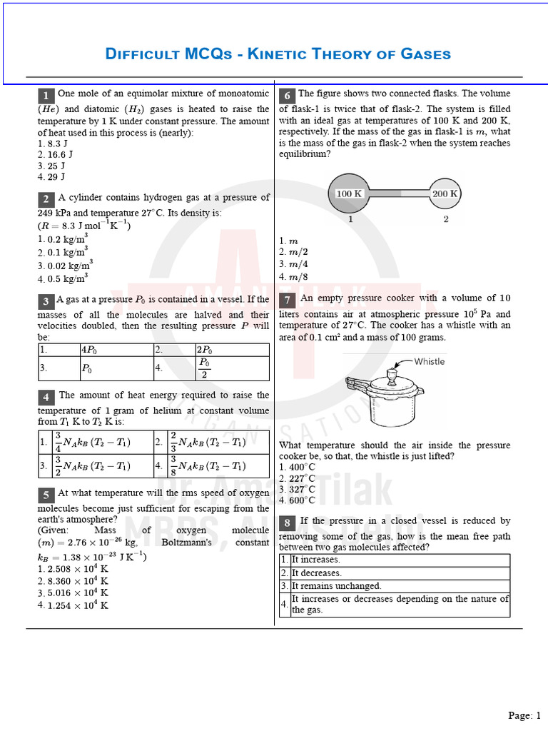 Difficult MCQs - Kinetic Theory of Gases | PDF | Gases | Temperature