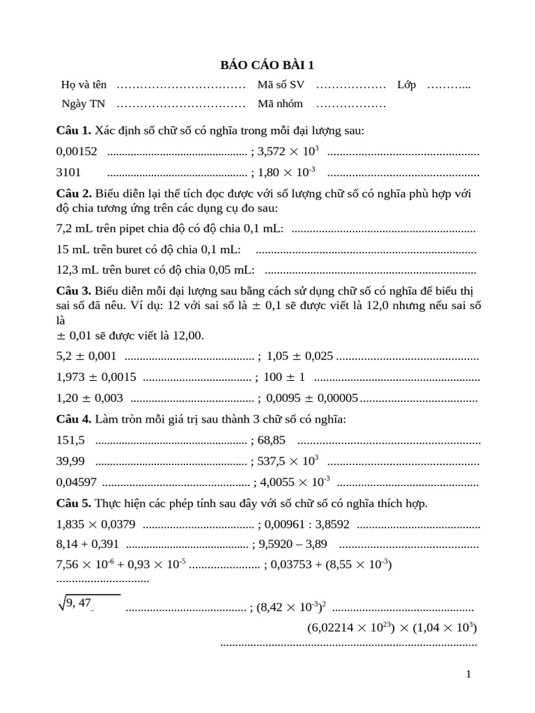 0. BÁO CÁO THÍ NGHIỆM HÓA ĐẠI CƯƠNG 1 (CNTP) - 2024 (Chính thức) | PDF