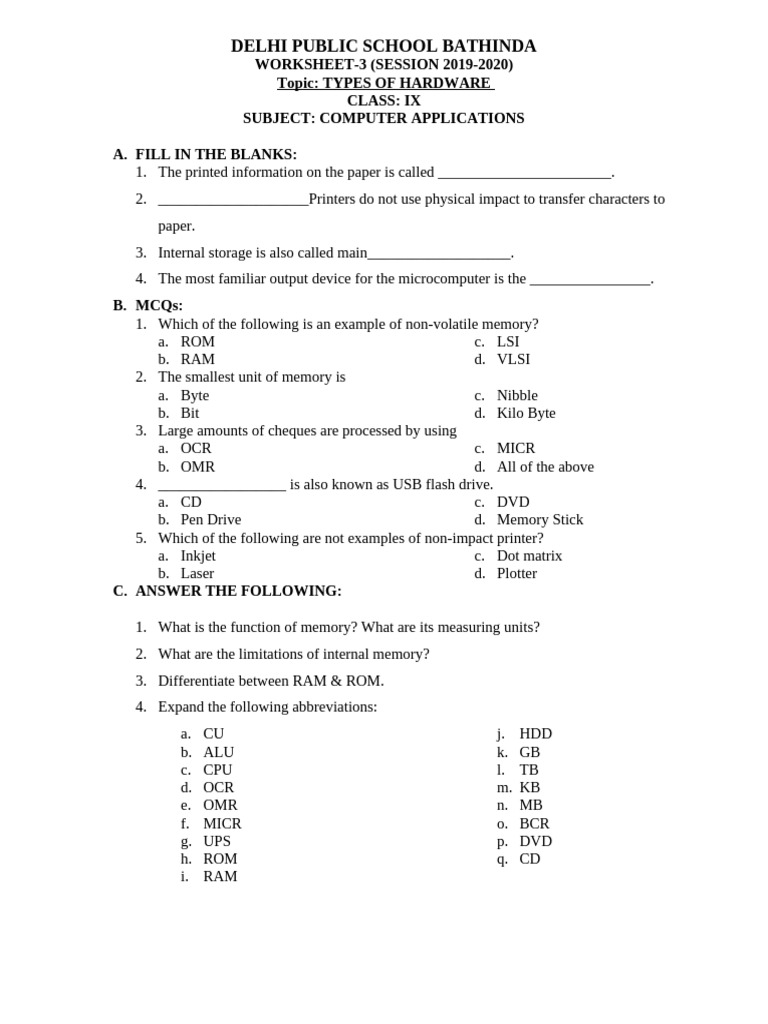 9- Worksheet-3 Types of Hardware | PDF