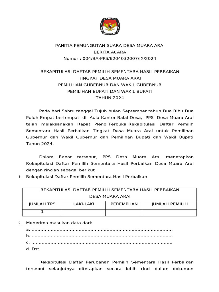 Berita Acara Pleno DPHP 2024 | PDF