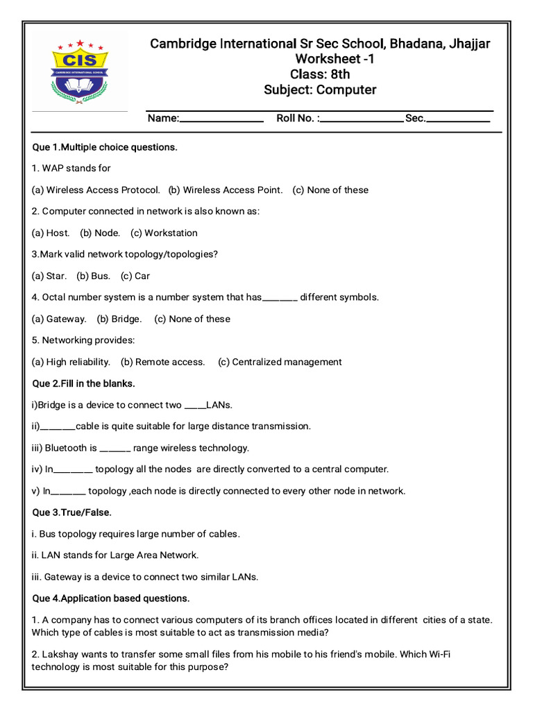 Worksheet 1 Class 8th Computer | PDF