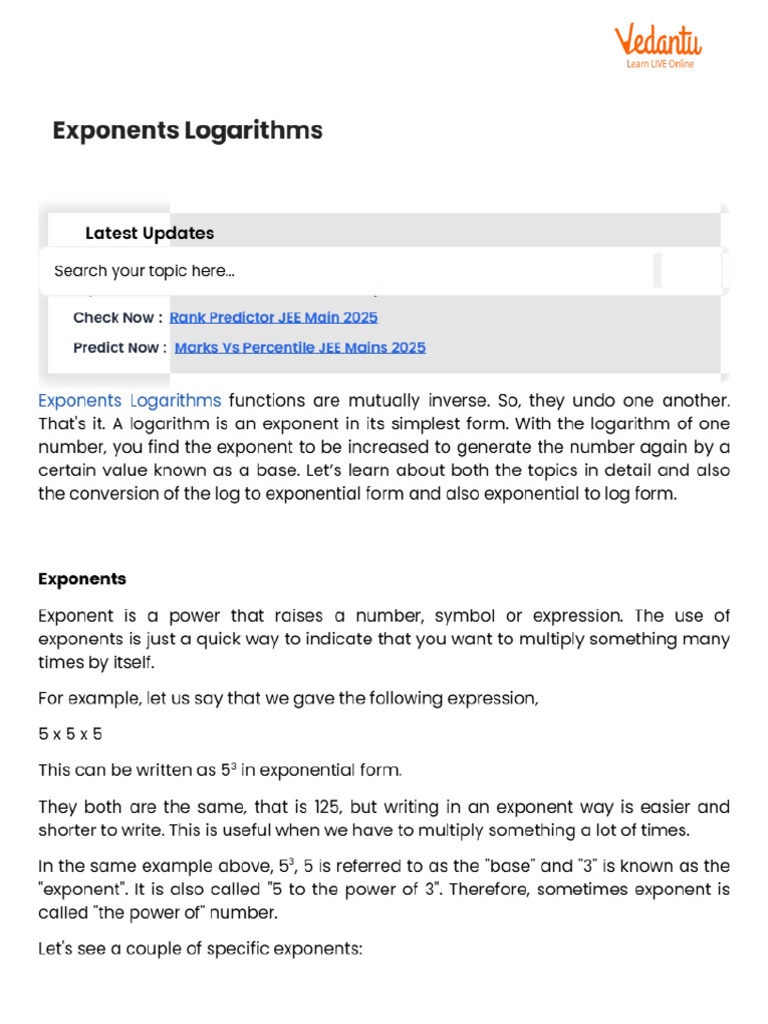 Exponents Logarithms | PDF