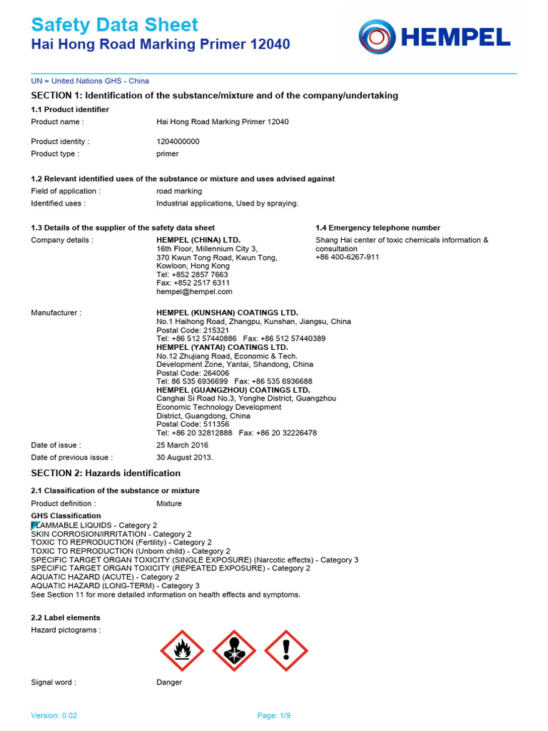 Hai Hong Road Marking Primer SDS | PDF | Toxicity | Personal Protective ...
