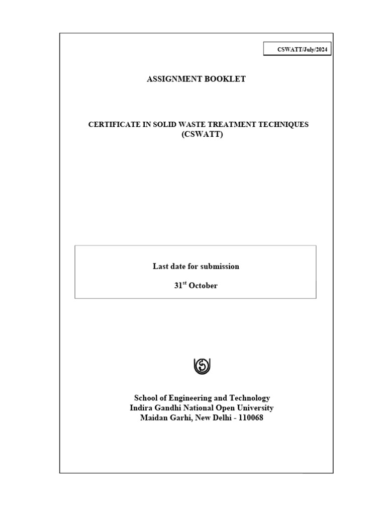 CSWATT Assignment Booklet July 2024 | PDF | Waste | Waste Management
