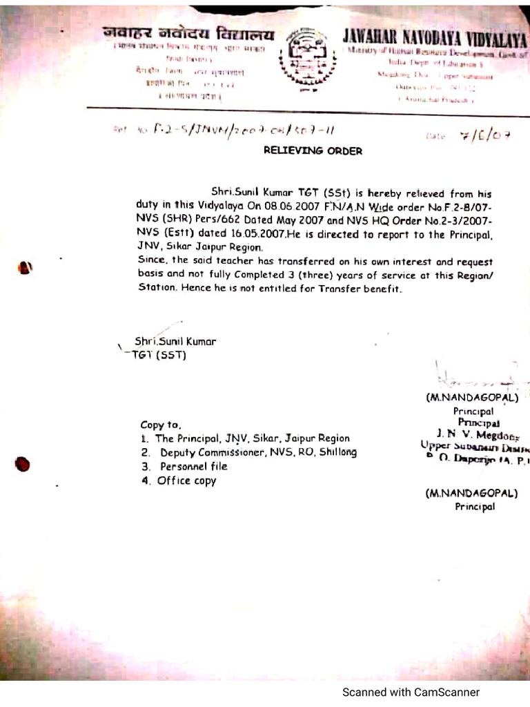 Relieving Order JNV Arunachal | PDF