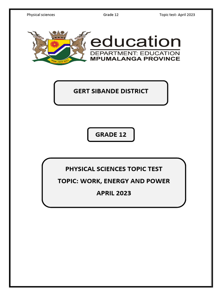 Grade 12 Physics: Work, Energy, Power Test | PDF | Force | Metrology