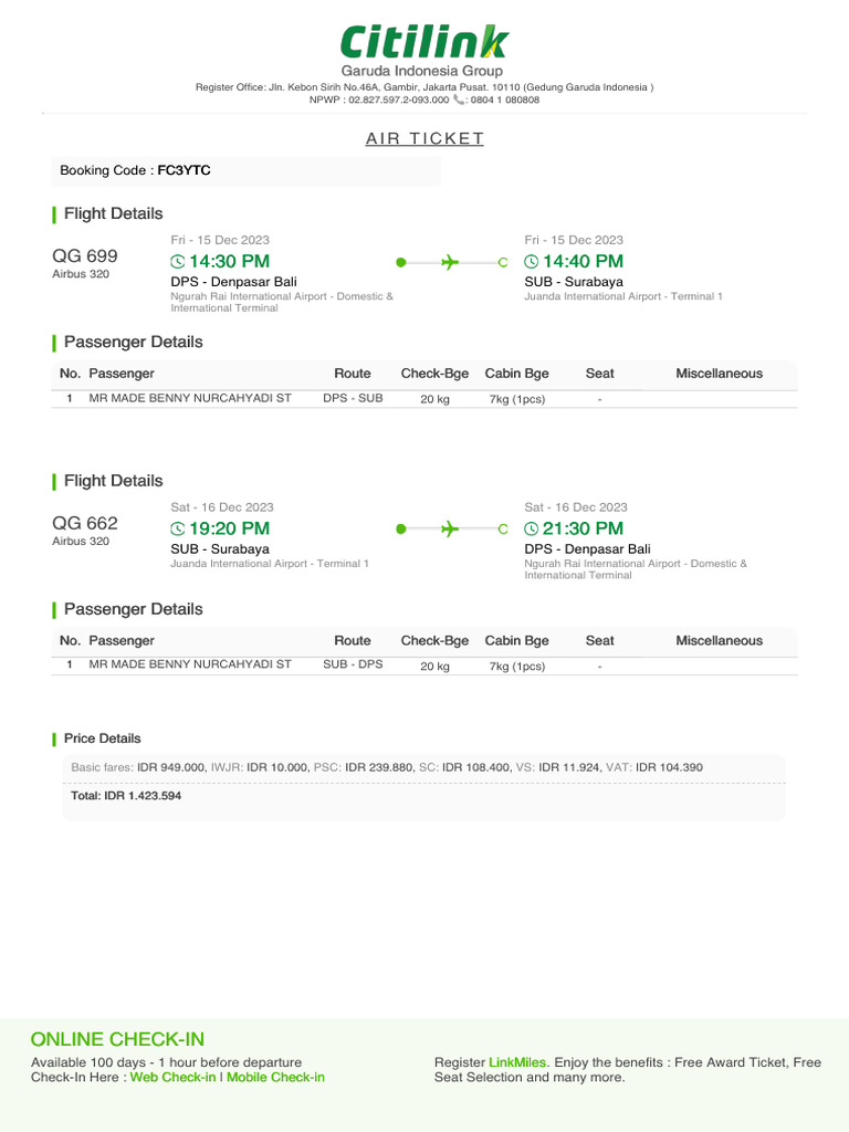 Eticket - FC3YTC-dps Sub DPS-MR Benny | PDF | Aviation | Transport
