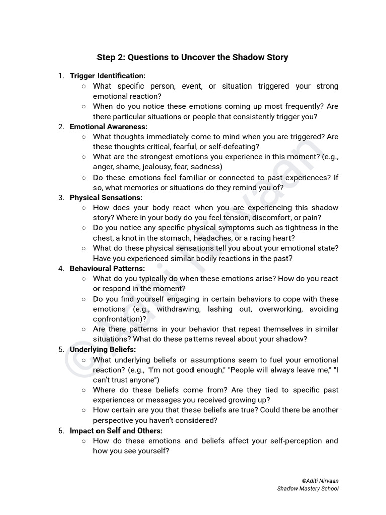 Step 2 - Questions To Uncover The Shadow Story | PDF | Emotions | Cognition